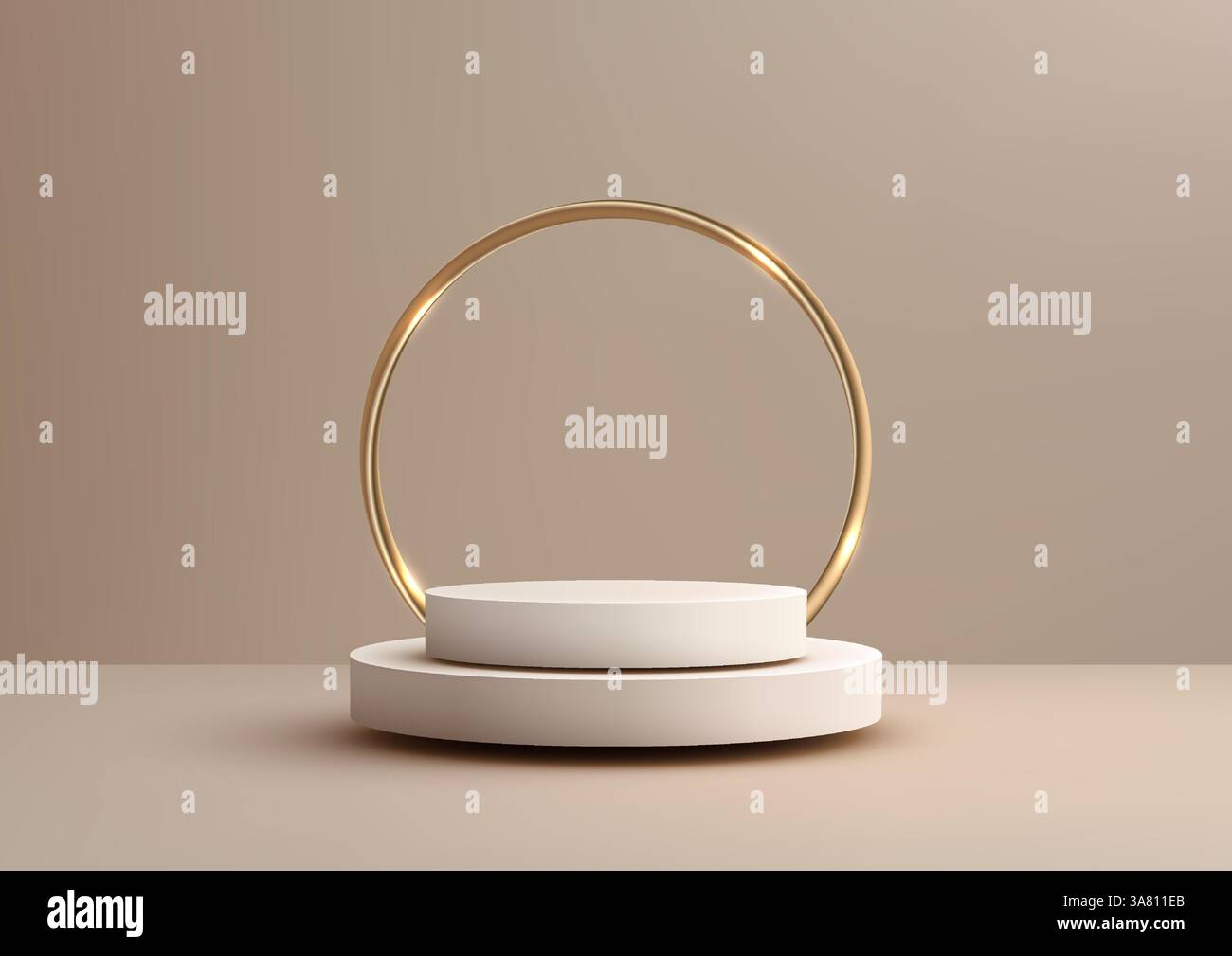 minimalist luxury two tiered white round podium with golden ring ...