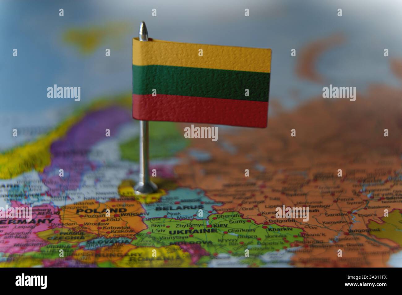 Lithuania map with a pin showing the national flag. Close-up view ...