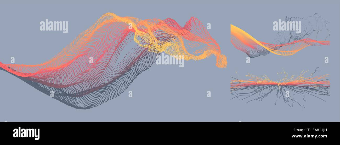 Point explode. Array with dynamic emitted particles. Water splash imitation. Abstract background ...