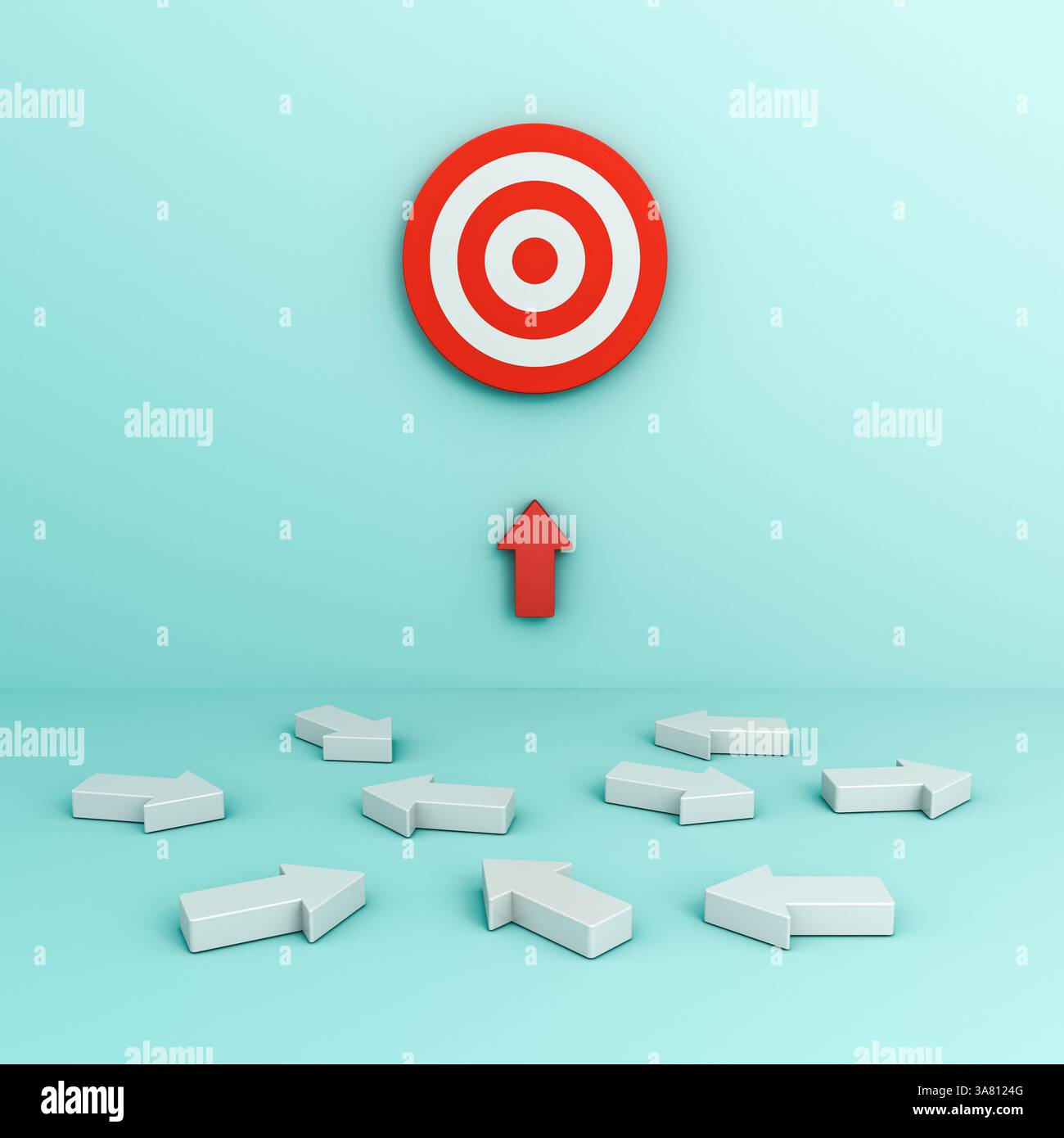 Focus one red different up arrow aiming or pointing to goal target or ...