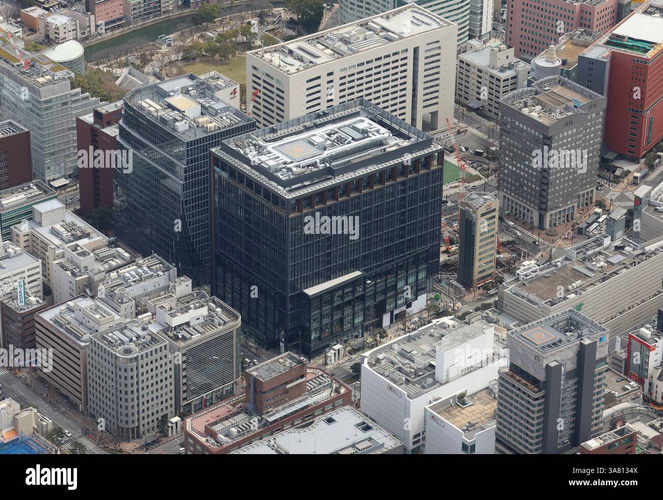 An aerial photo shows the Tenjin area of Fukuoka City, where large ...