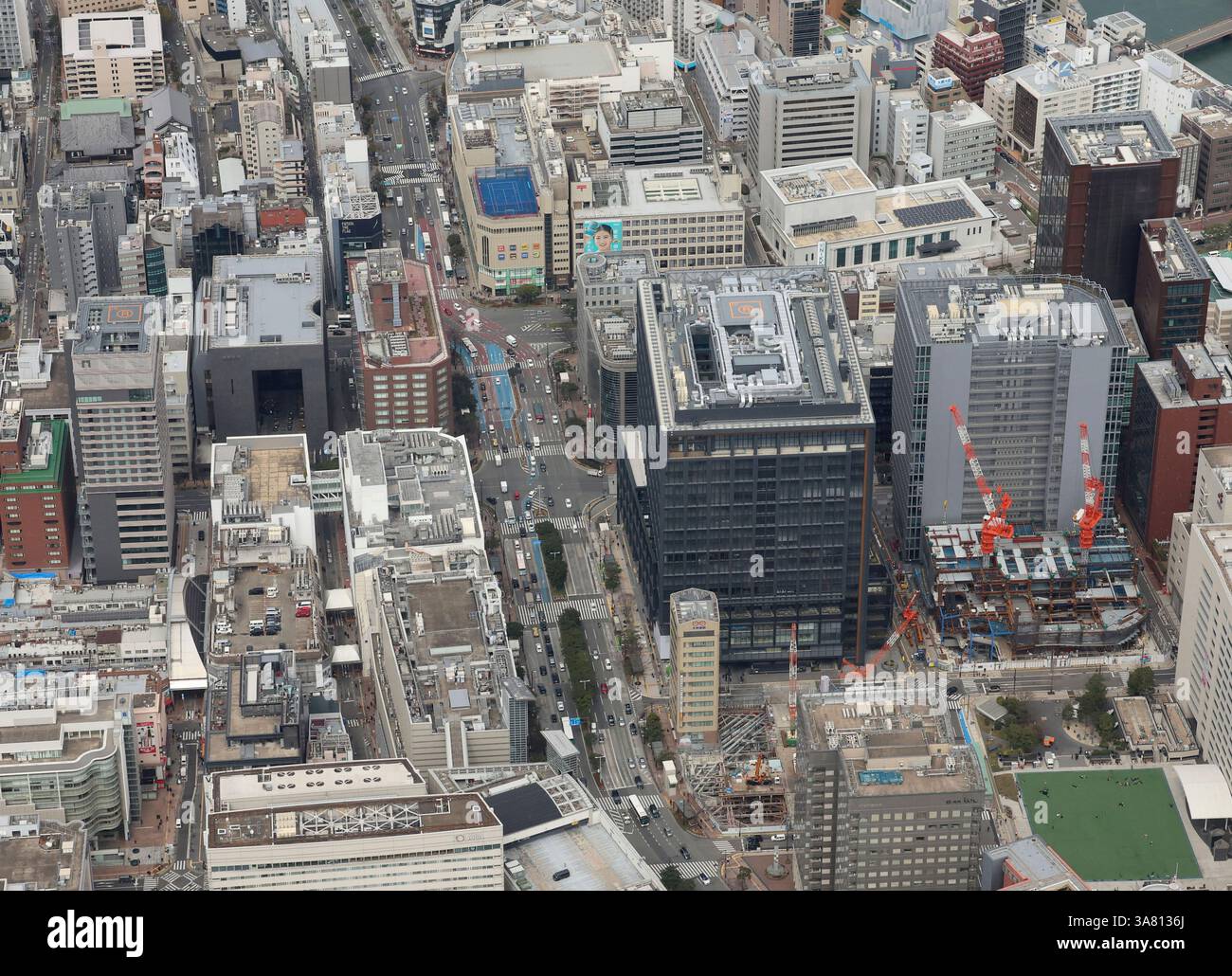 An aerial photo shows the Tenjin area of Fukuoka City, where large ...