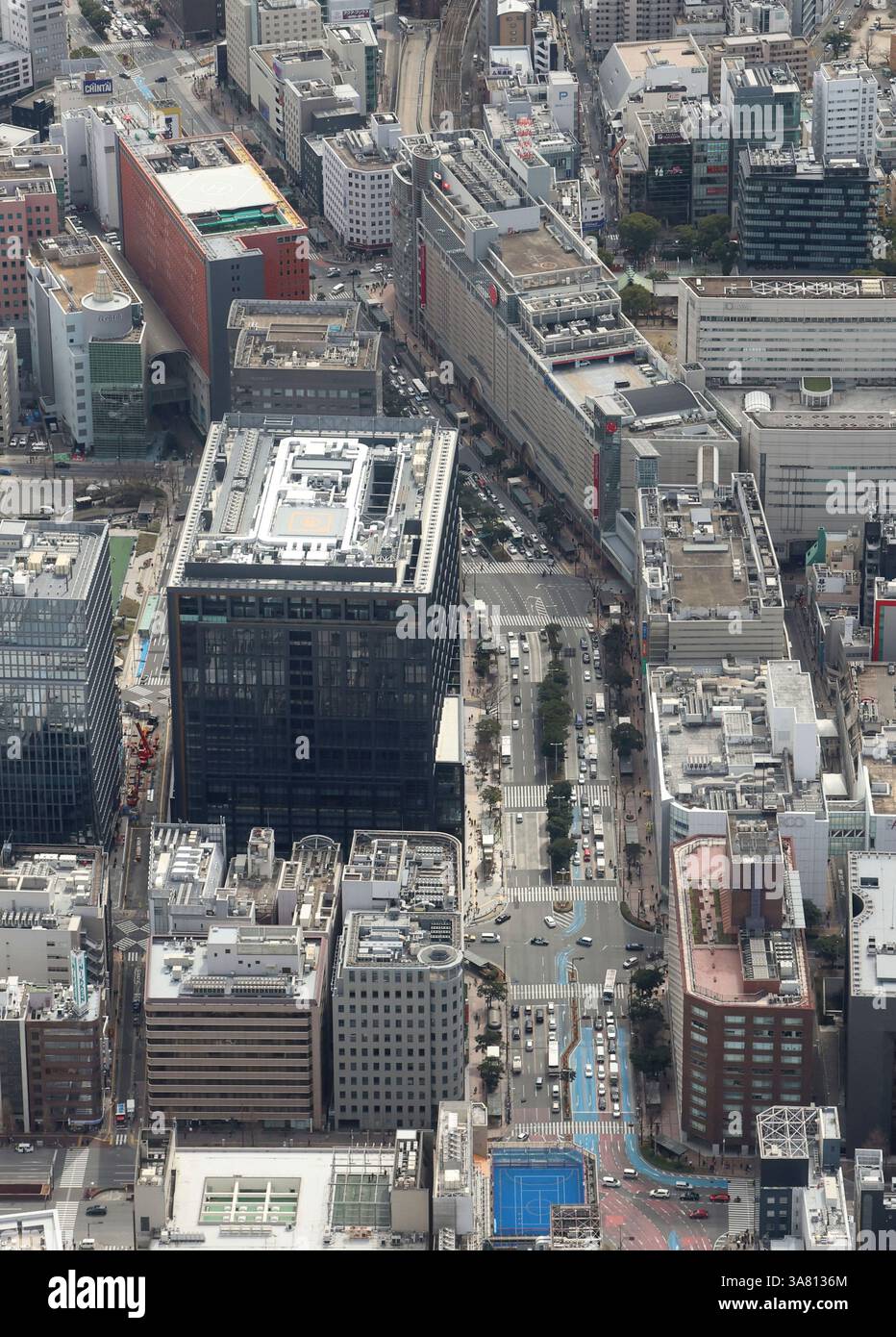 An aerial photo shows the Tenjin area of Fukuoka City, where large ...