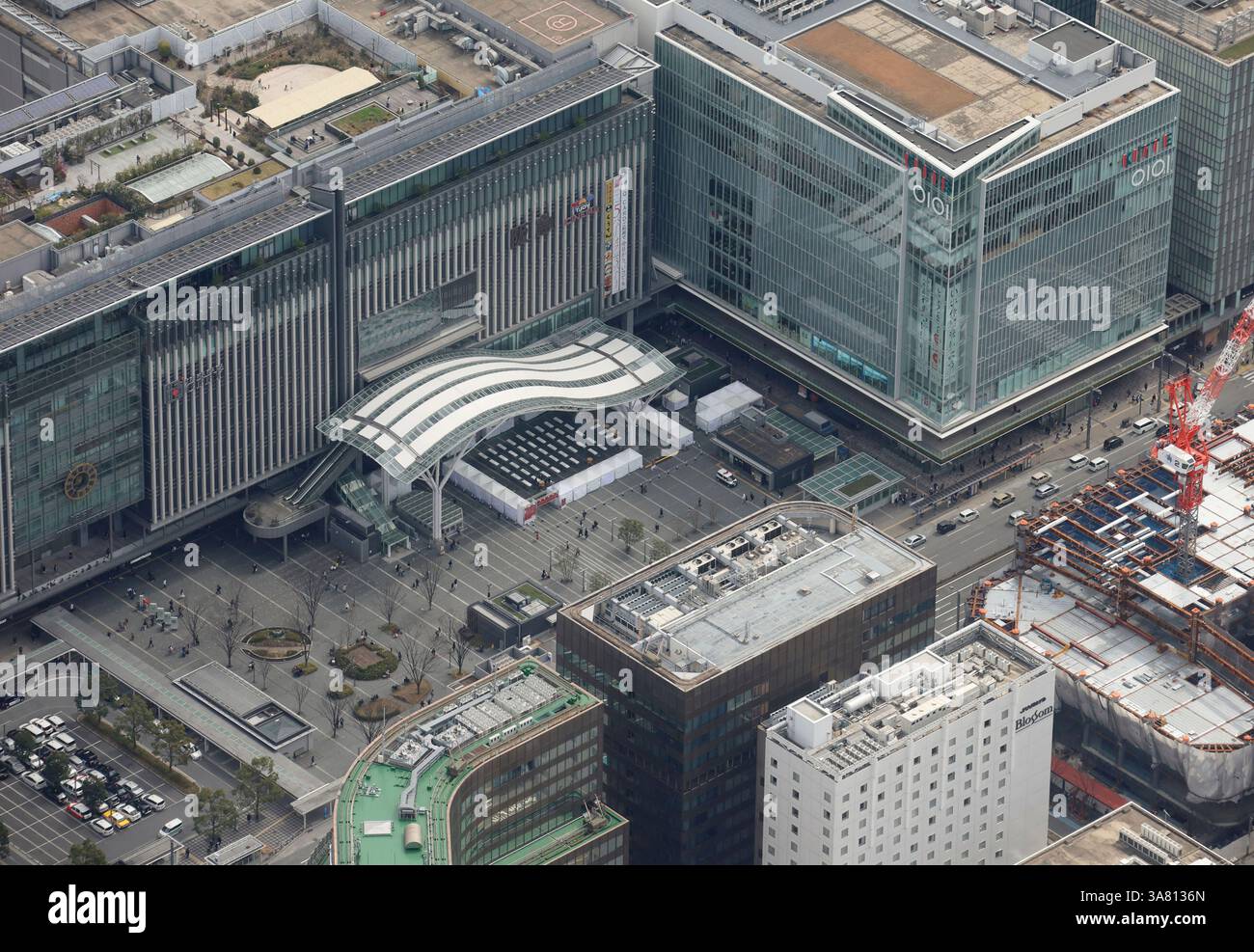 An aerial photo shows the area around JR Hakata Station, where large ...
