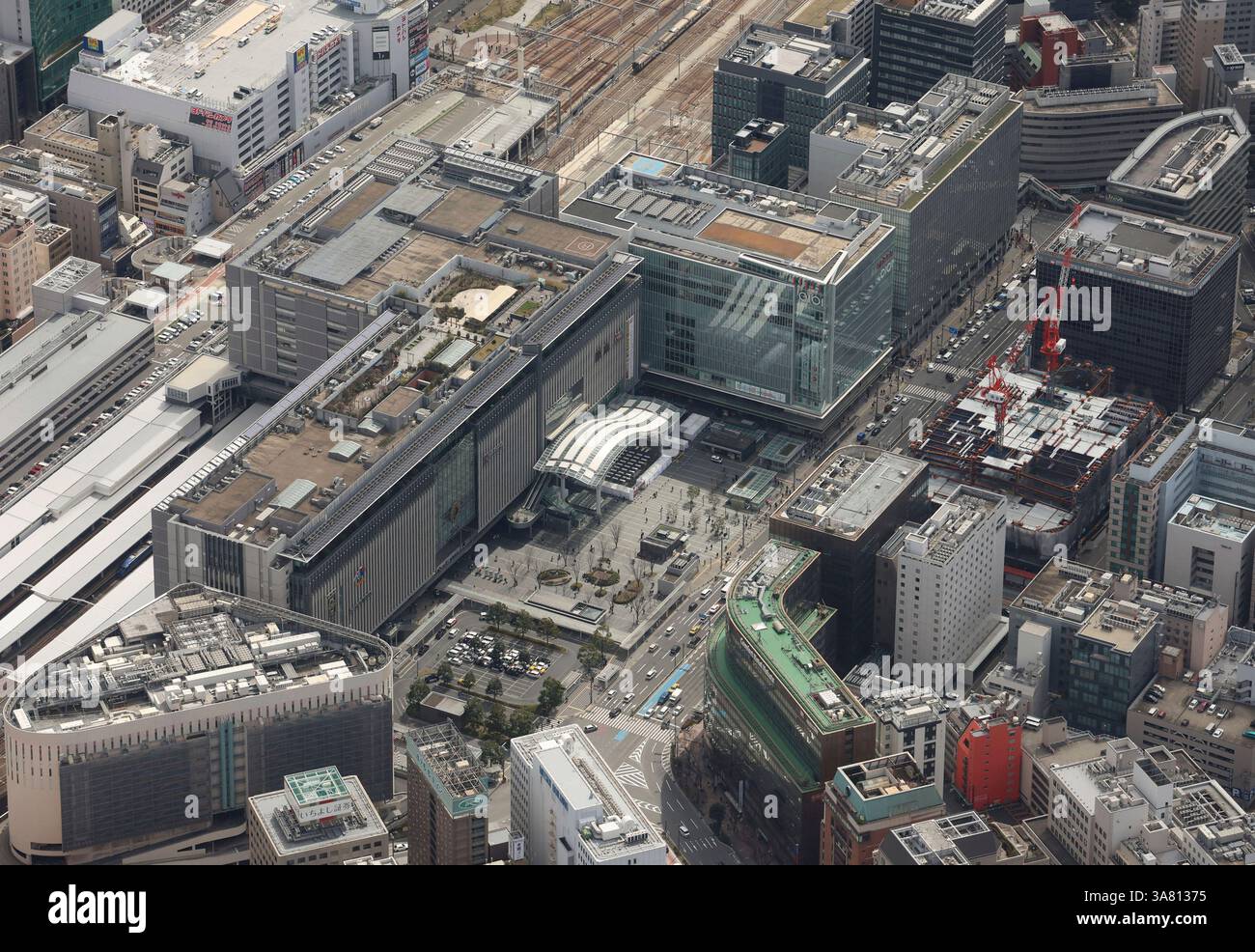 An aerial photo shows the area around JR Hakata Station, where large ...