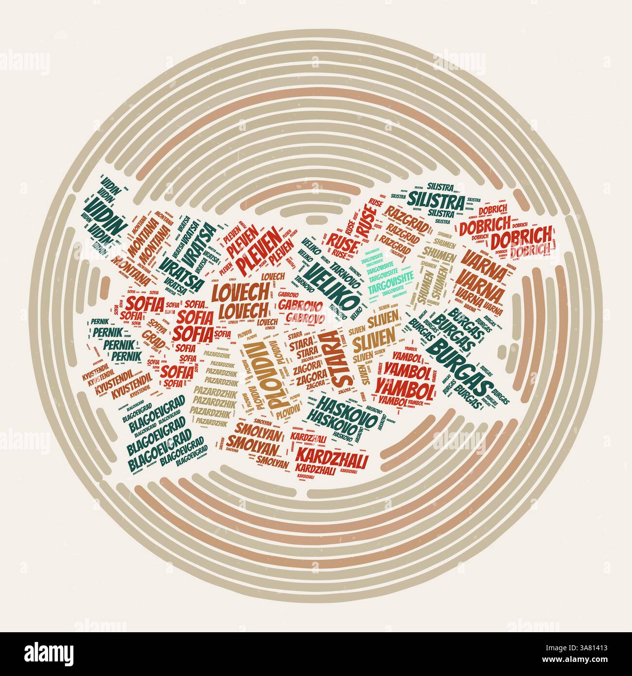 Bulgaria Round Poster. Typography style image of Country. Regions word ...