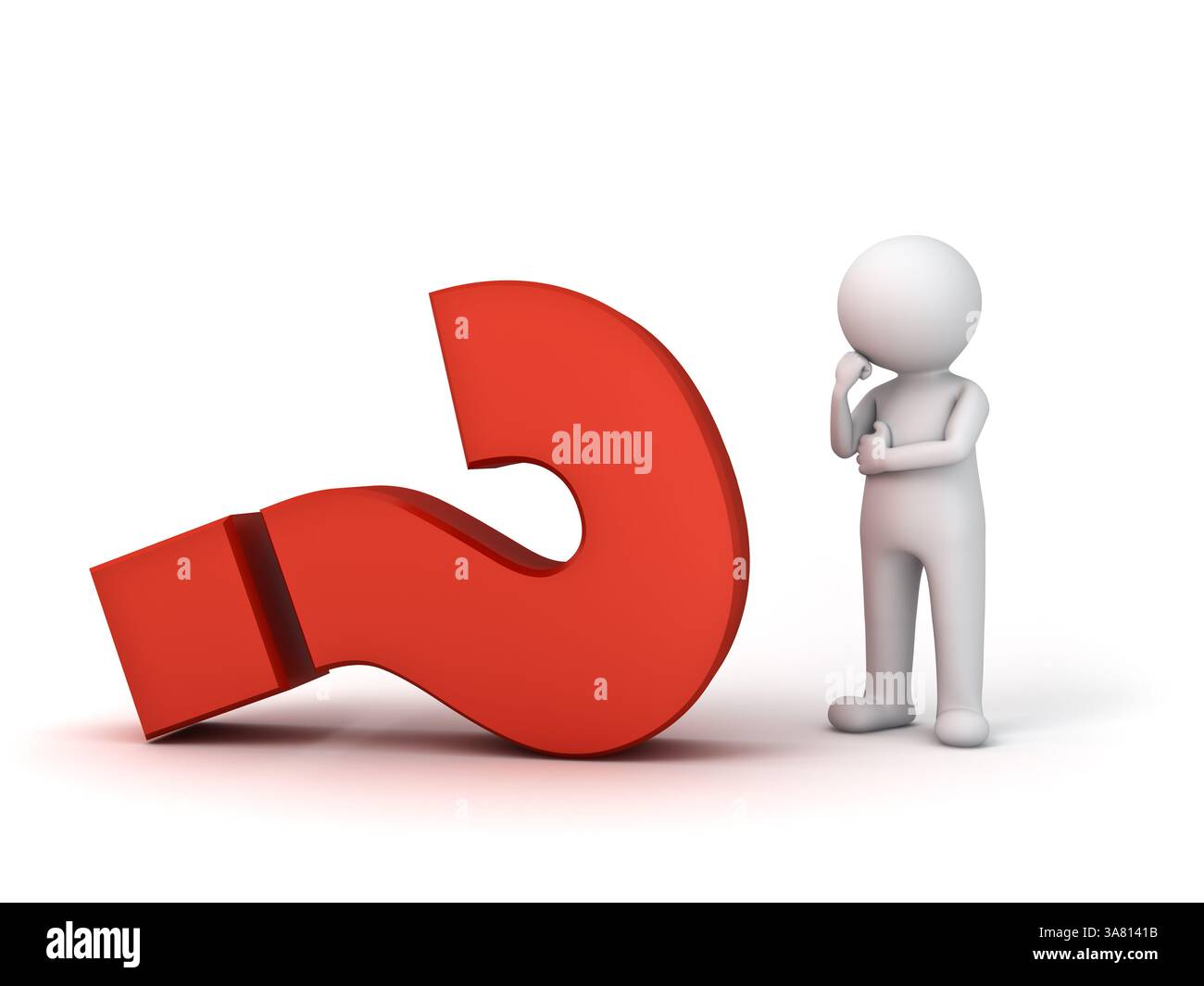 Minimal 3d white man standing and thinking with big red question mark feeling emotional concepts ...
