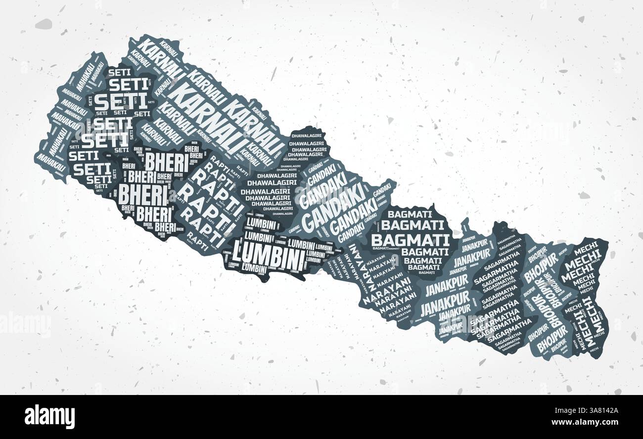 Nepal regions word clouds. Country shape on textured background. Nepal ...