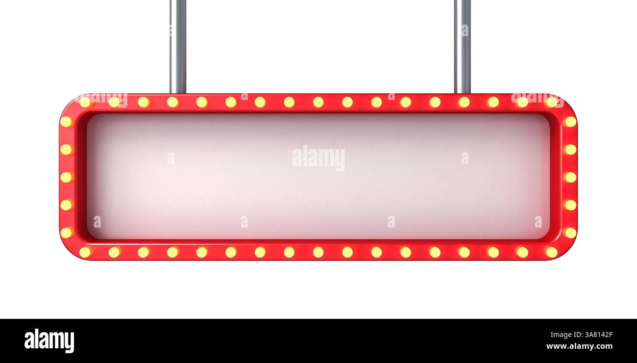 Hanging blank long white sign banner or retro billboard display box or ...