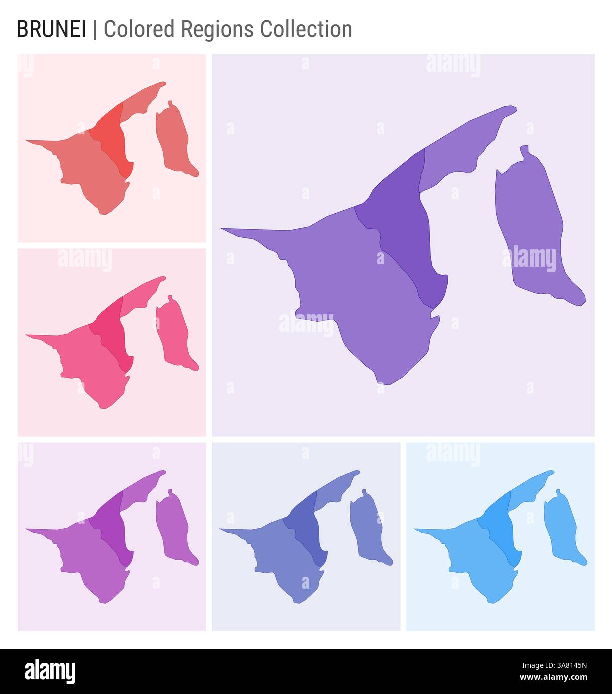 Brunei map collection. Country shape with colored regions. Deep Purple, Red, Pink, Purple ...