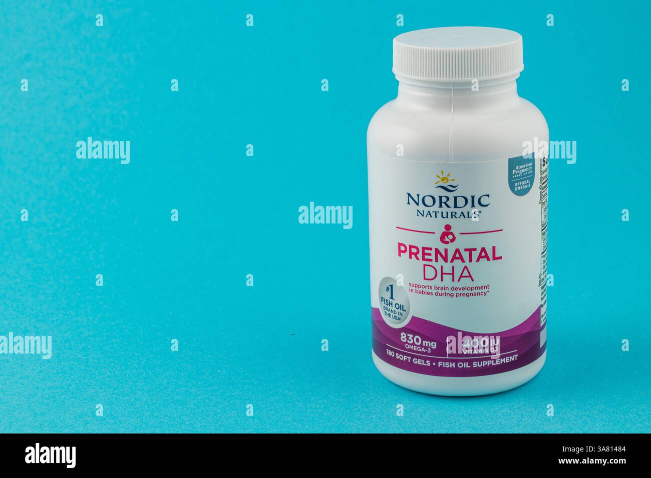 24.03.25 Lviv Ukraine A white bottle of prenatal DHA supplement sits on ...