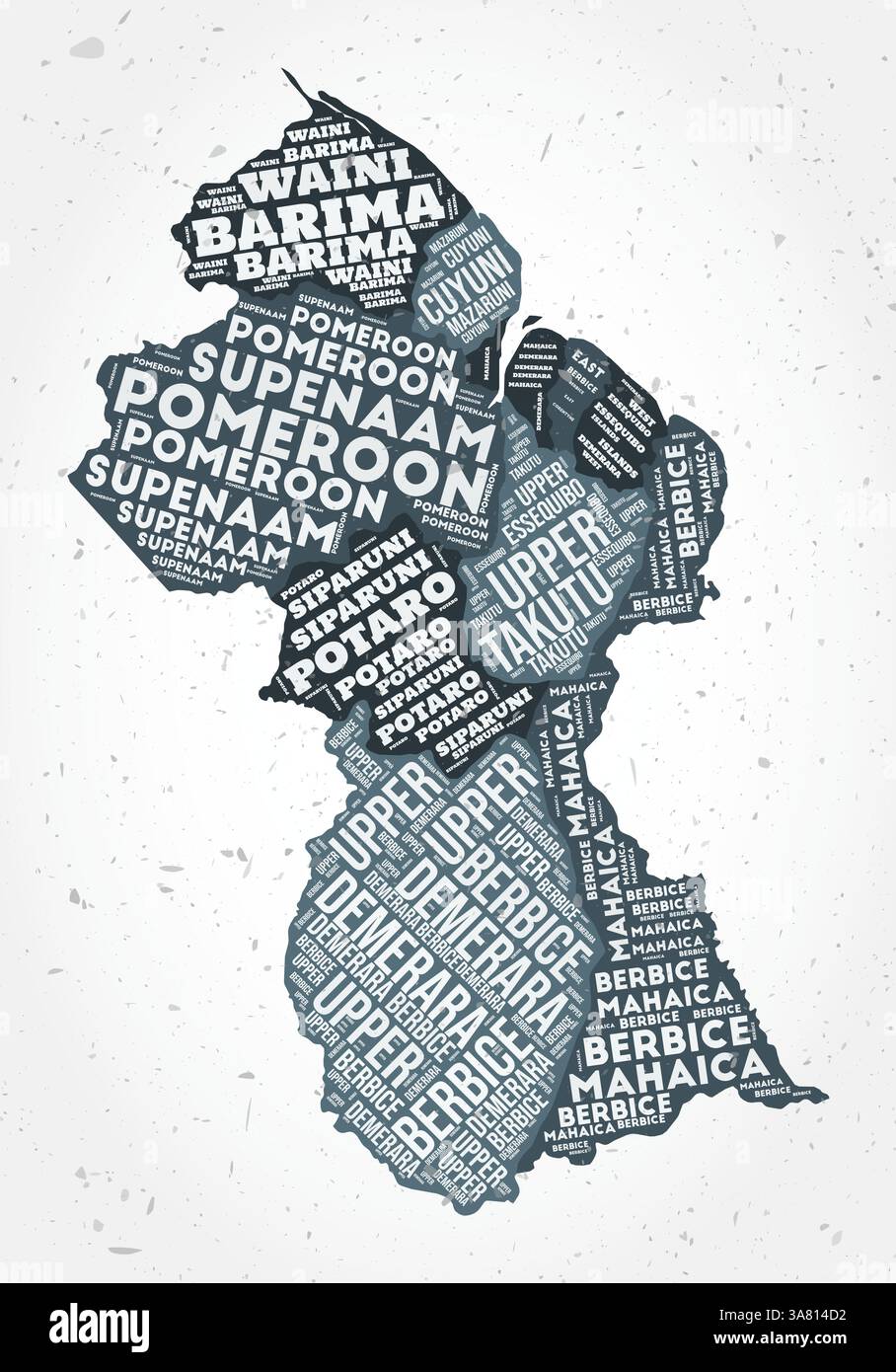 Guyana regions word clouds. Country shape on textured background ...