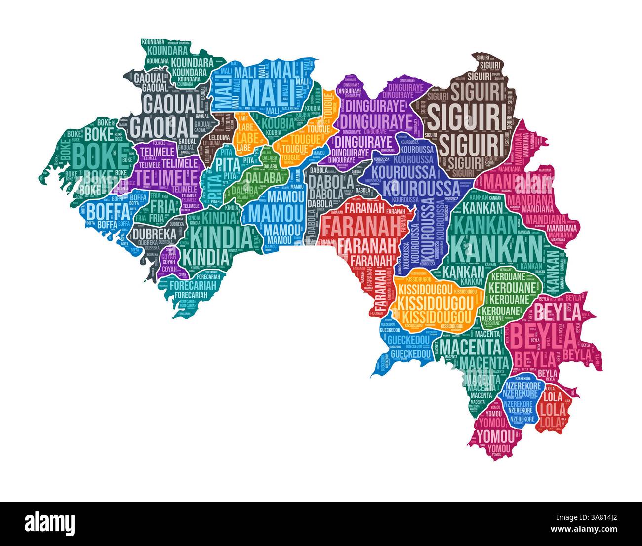 Guinea shape. Country word cloud with region division. Guinea colored ...