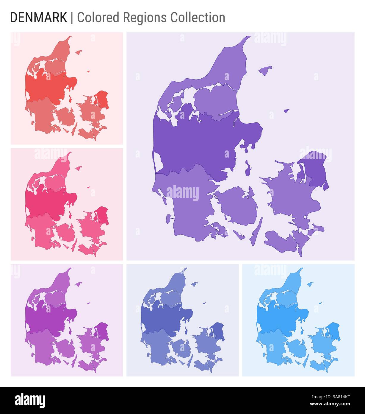 Denmark map collection. Country shape with colored regions. Deep Purple, Red, Pink, Purple ...