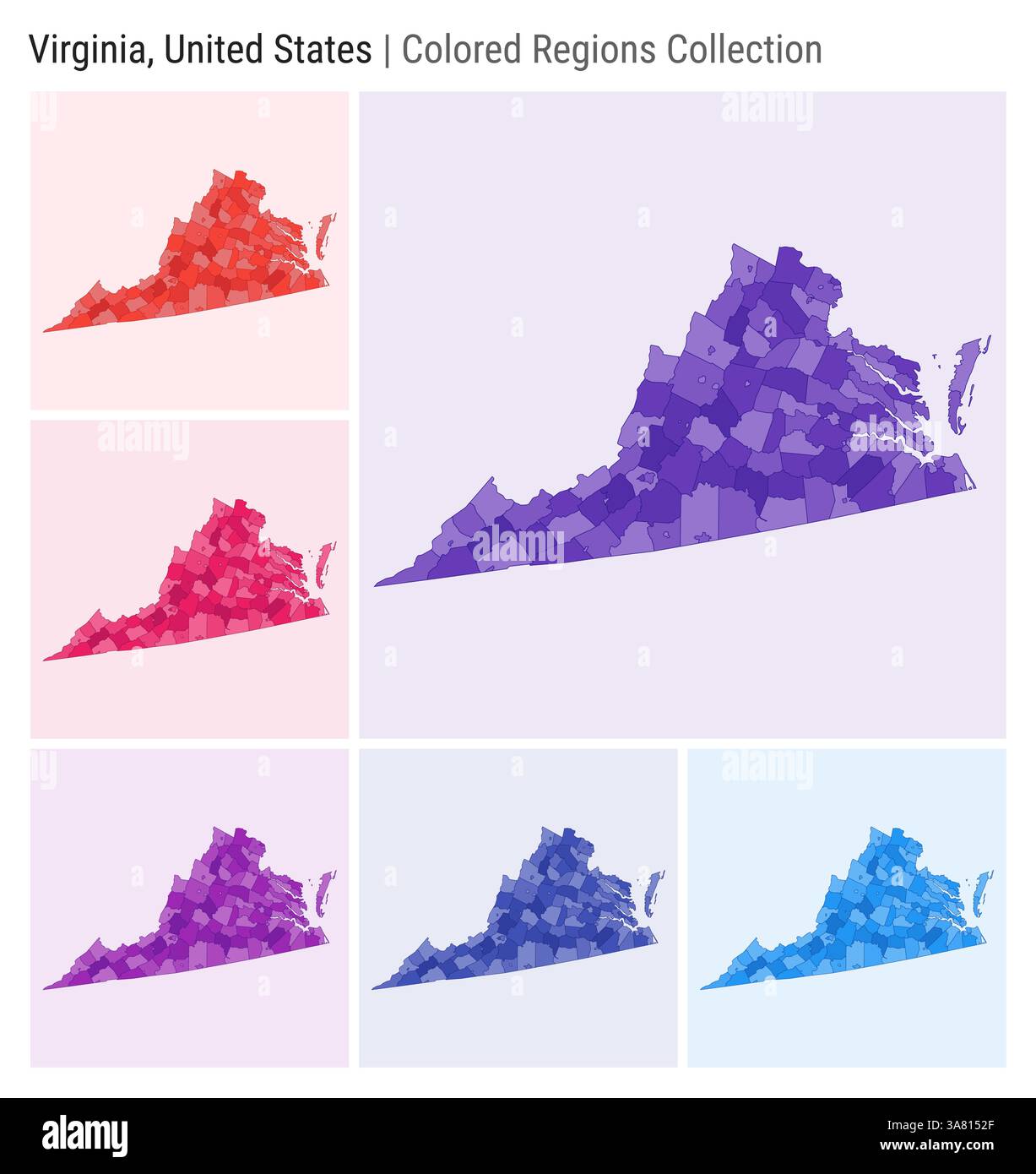 Virginia, United States. Map collection. State shape. Colored counties ...
