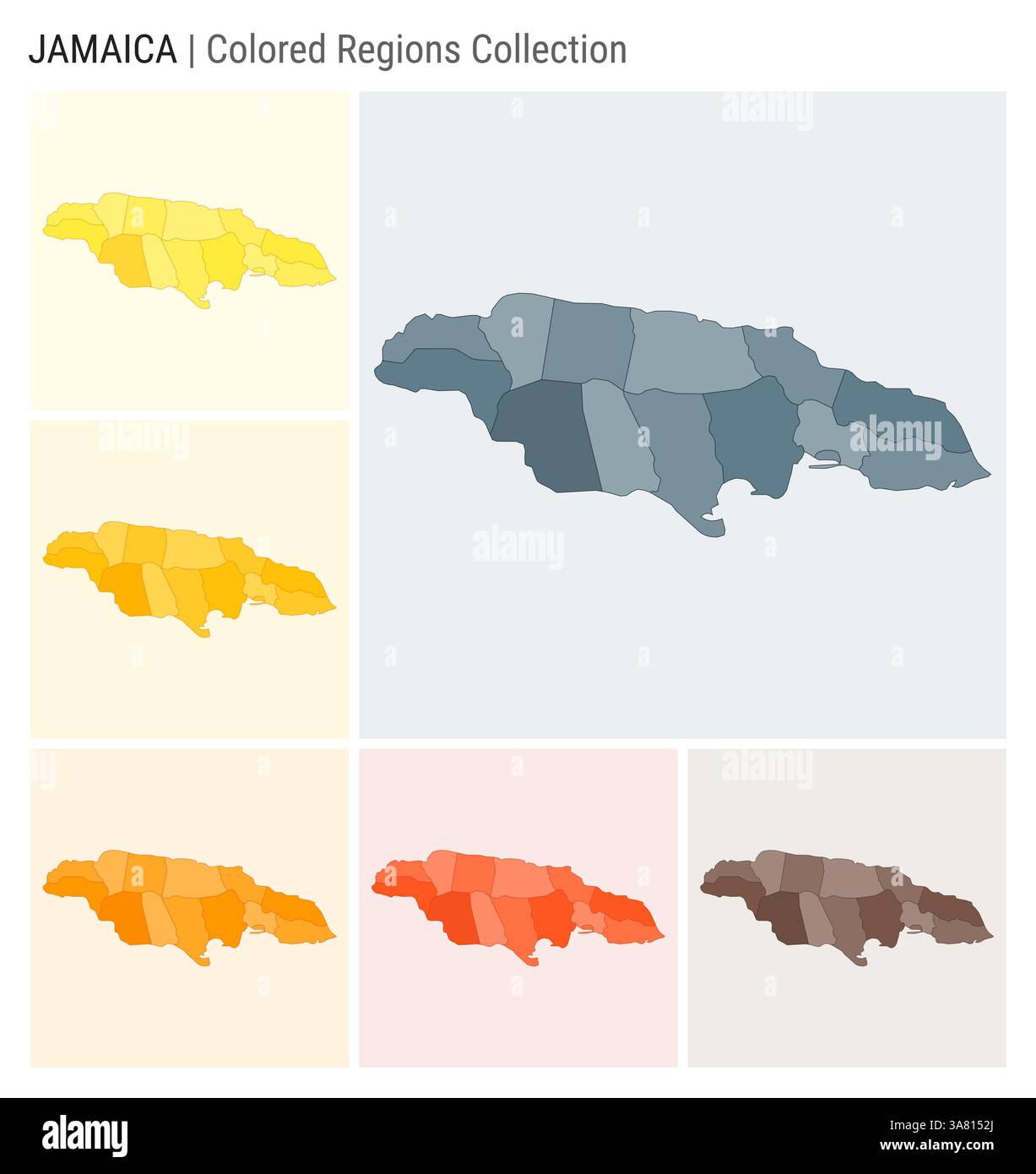 Jamaica map collection. Country shape with colored regions. Blue Grey ...