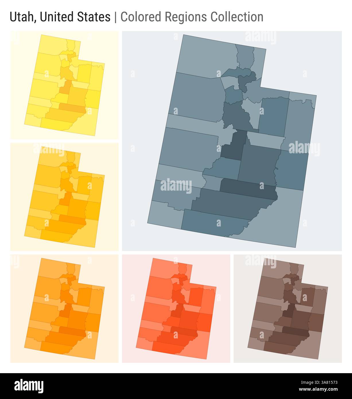 Utah, United States. Map collection. State shape. Colored counties ...