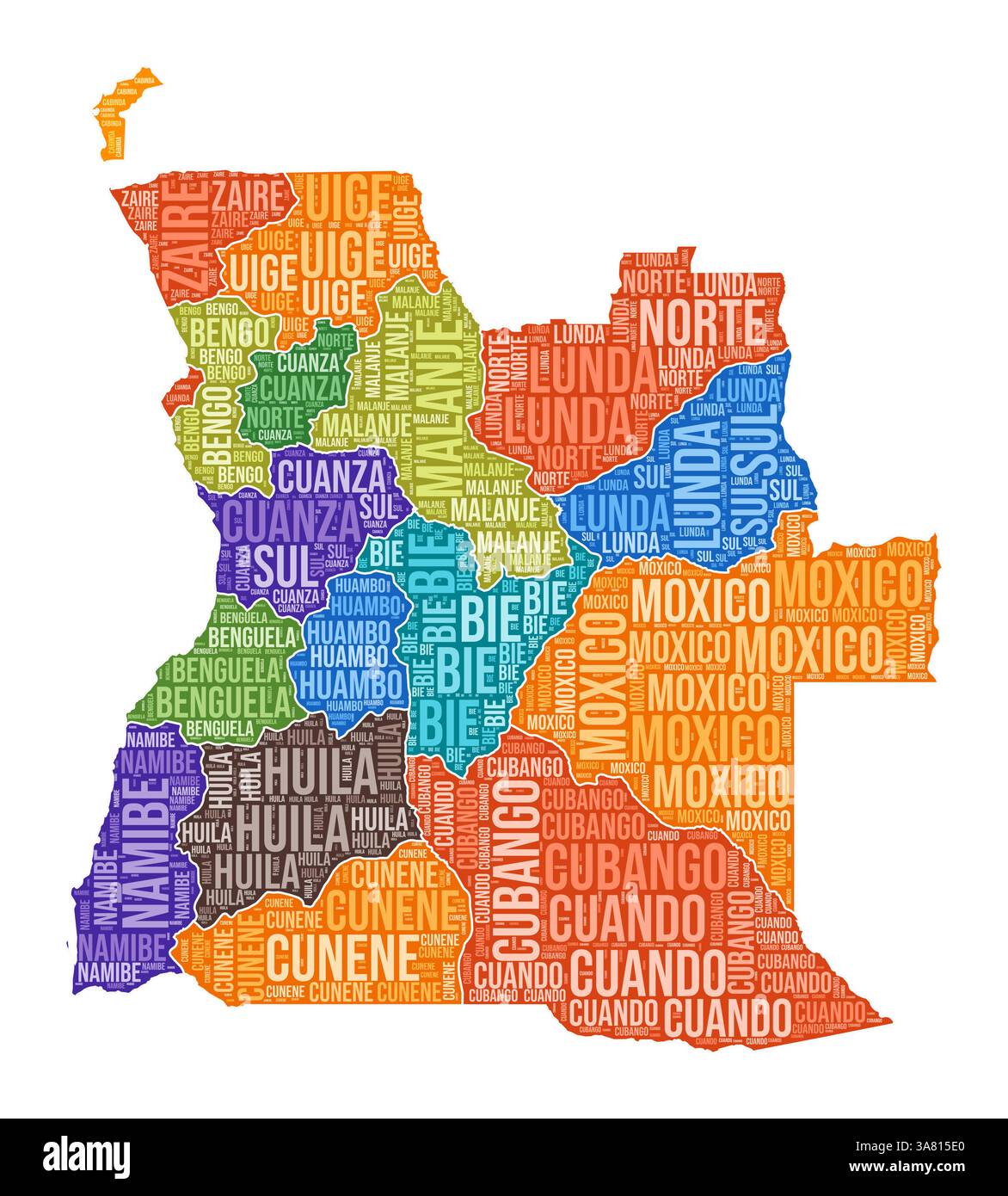 Angola shape. Country word cloud with region division. Angola colored ...