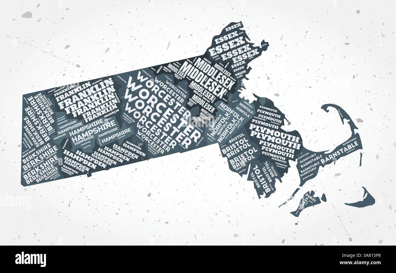 Massachusetts counties word clouds. State shape on textured background. Massachusetts design in ...