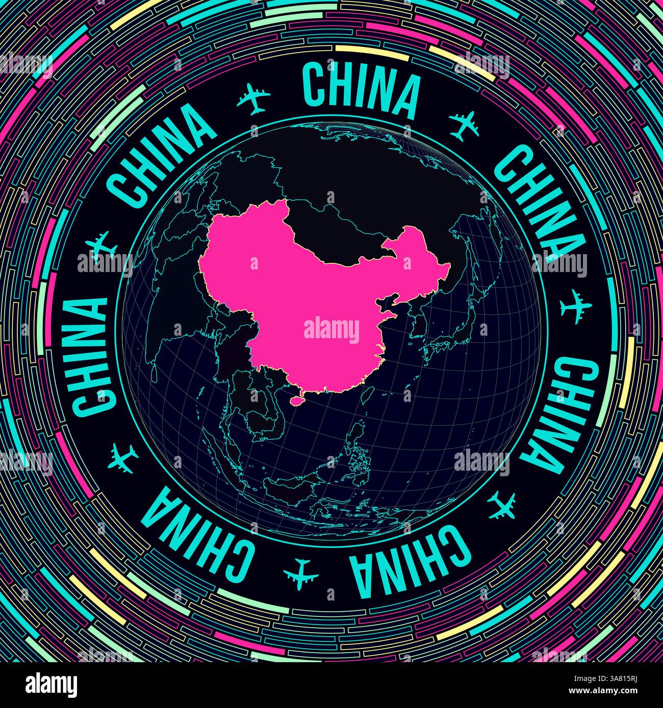 China on globe. Satellite view of the world centered to China. Bright ...