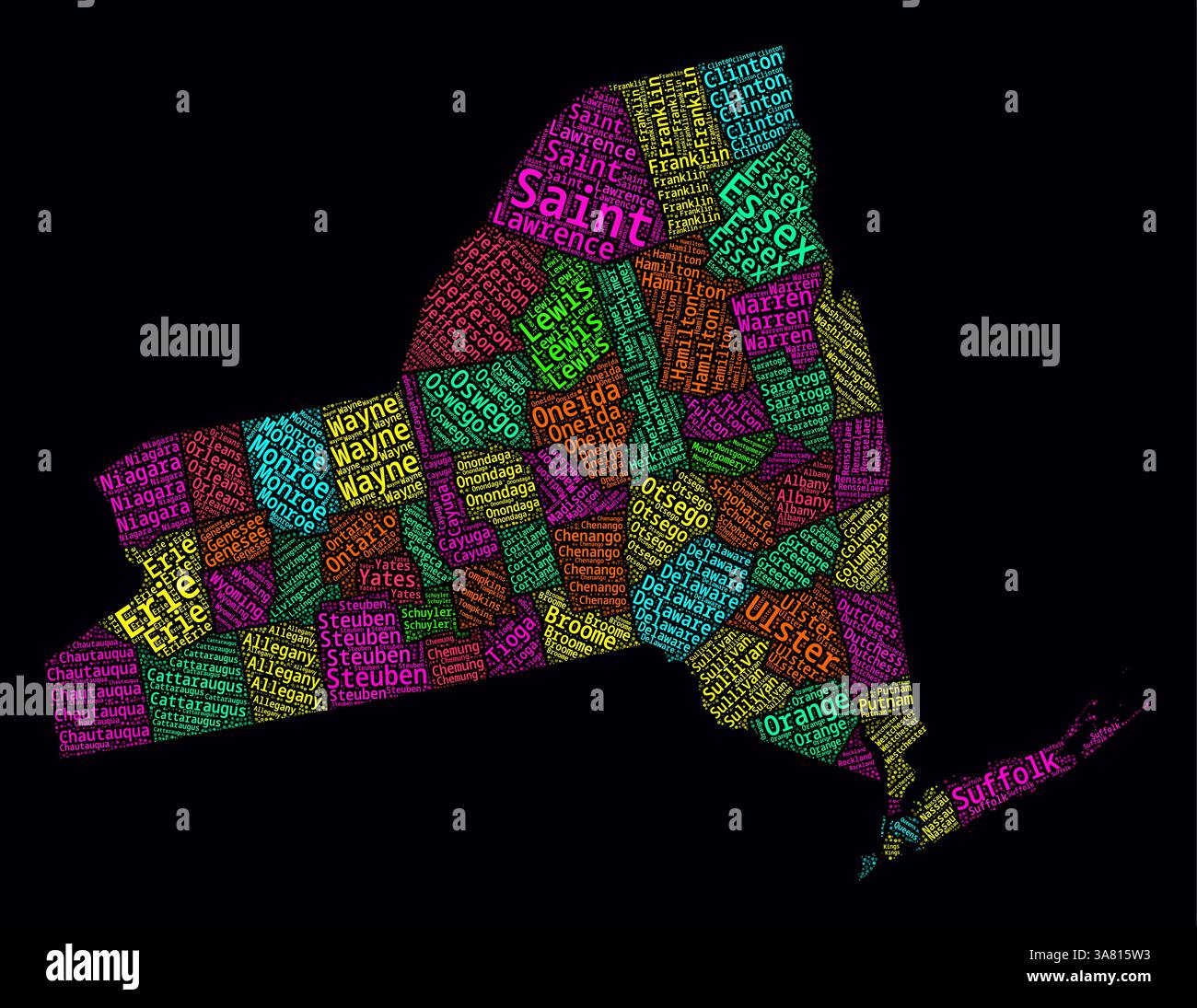 New York regions word clouds. Bright typographic style design on dark ...