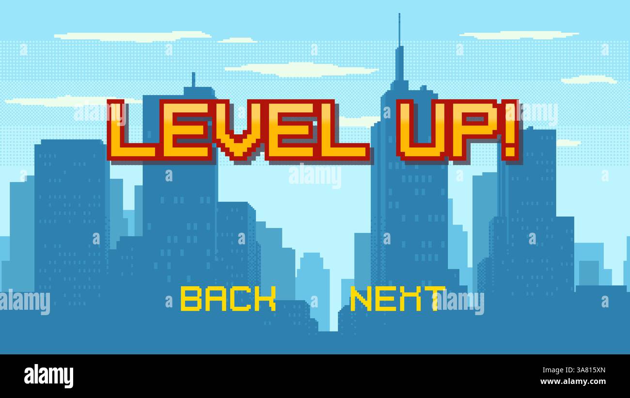 Pixel art game background with Level Up text and city background. Game ...