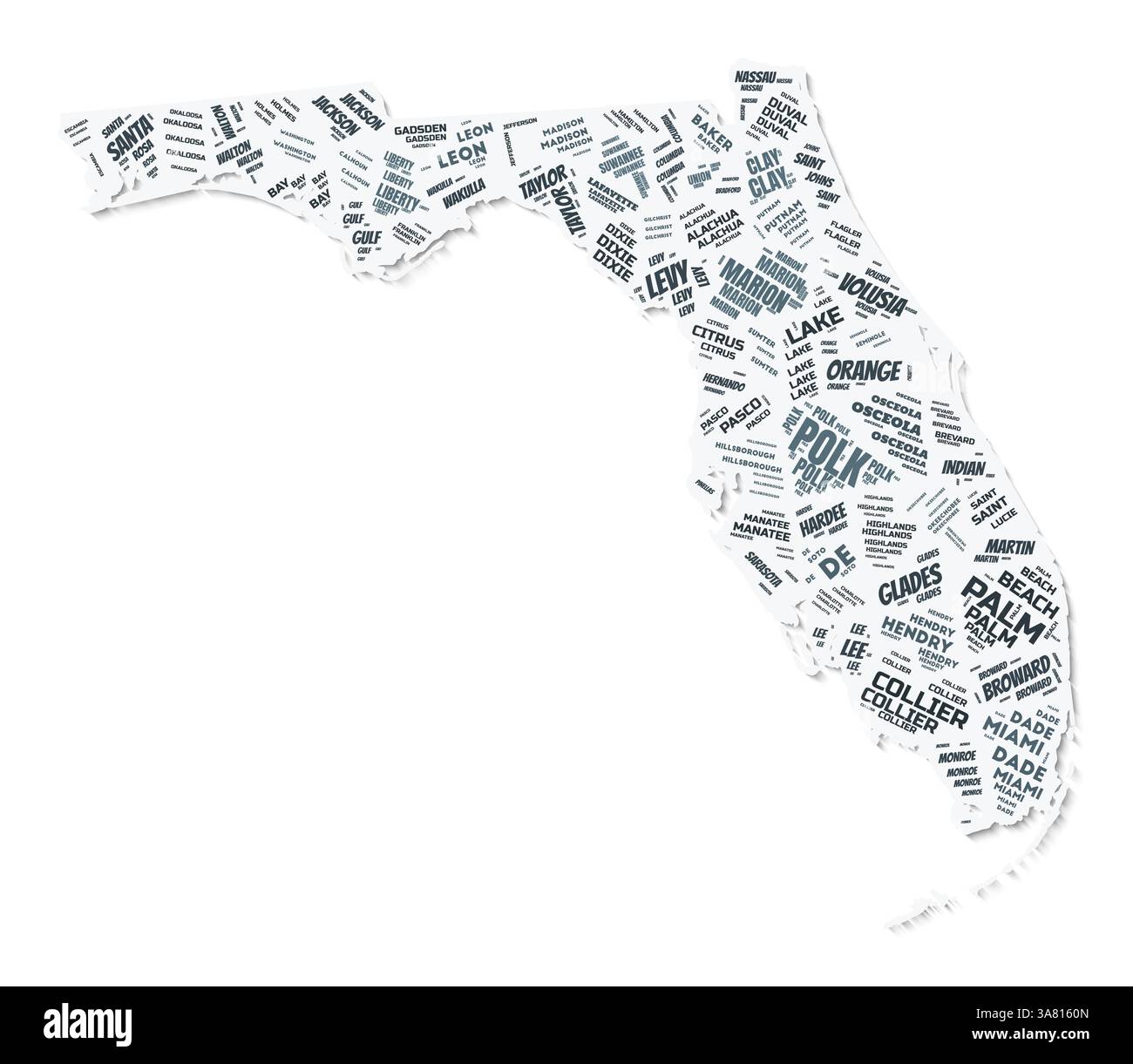 Florida shape text cloud. State border with shadow on white background ...