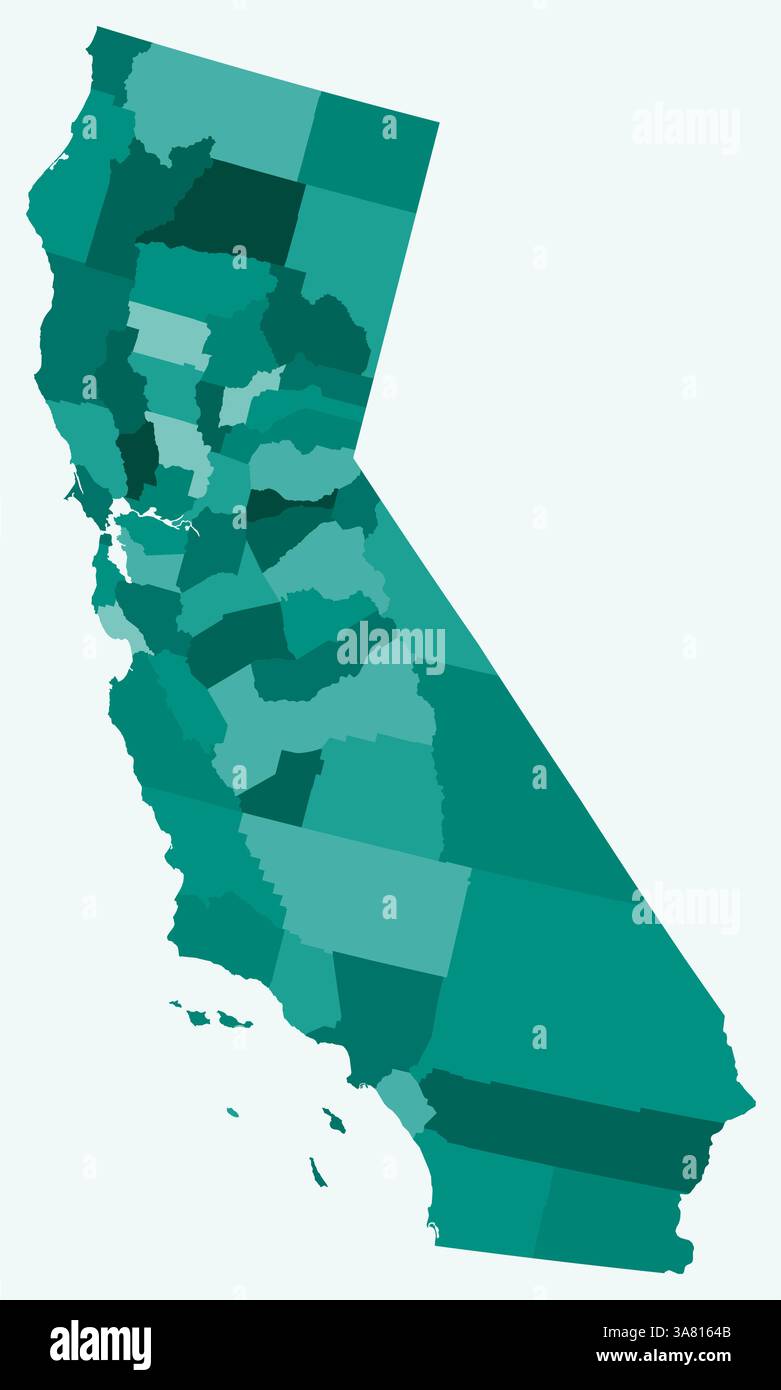 Map of California with counties. Just a simple state border map with county division. Teal color ...