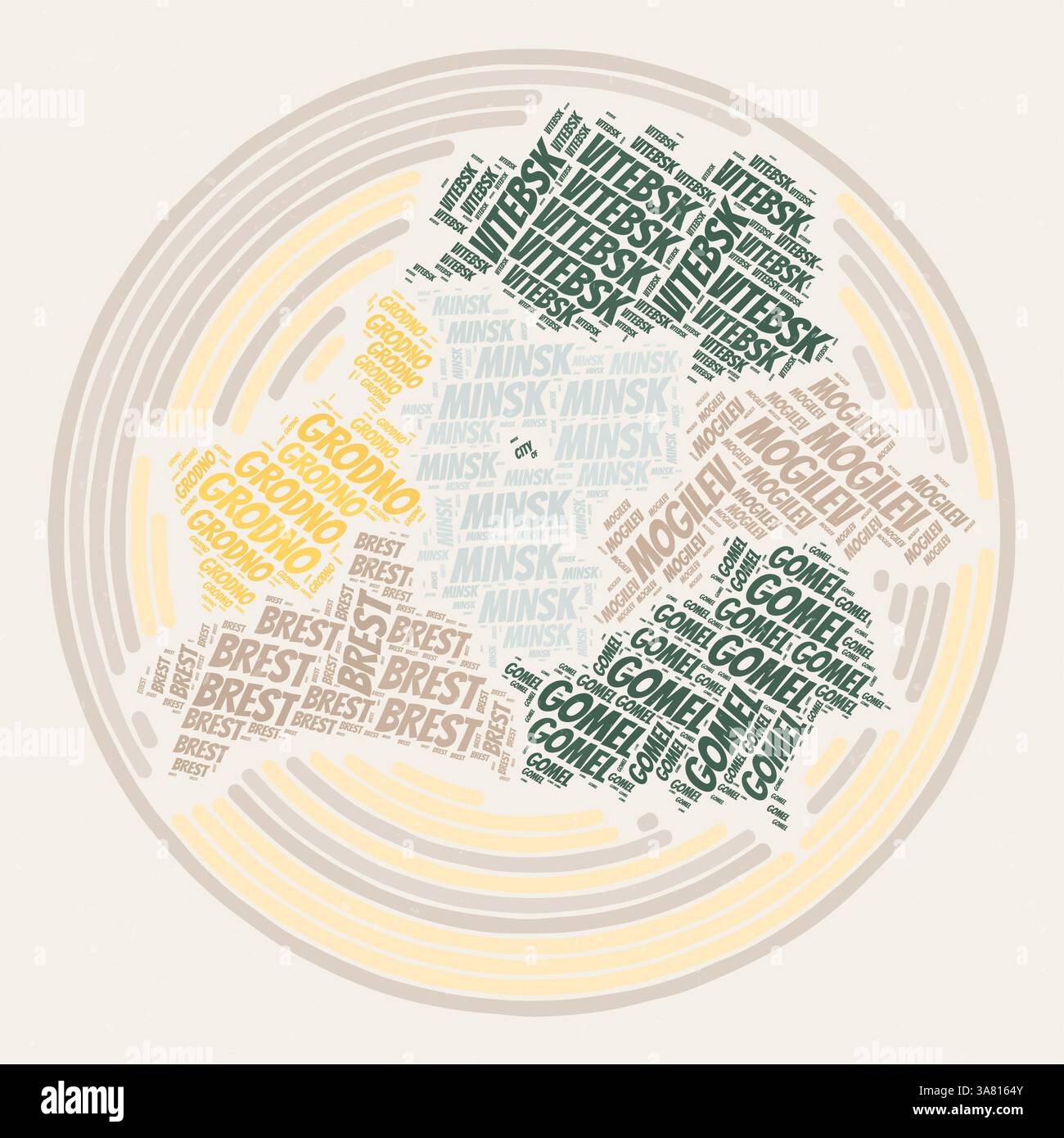 Belarus Round Poster. Typography style image of Country. Regions word ...