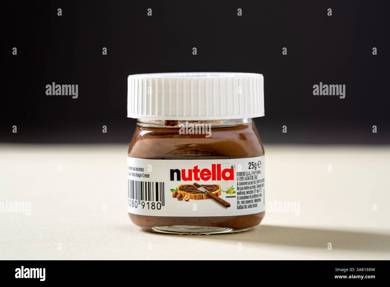 Antalya, Turkey - March 26, 2025: 25 gram jar of Nutella on dark ...