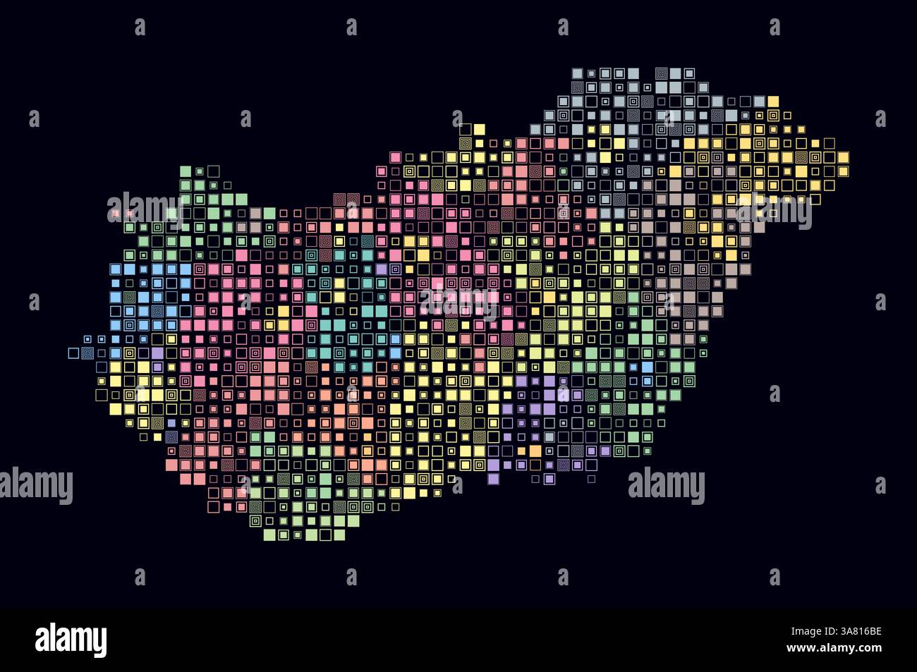 Hungary, shape of the country built of colored cells. Digital style map ...