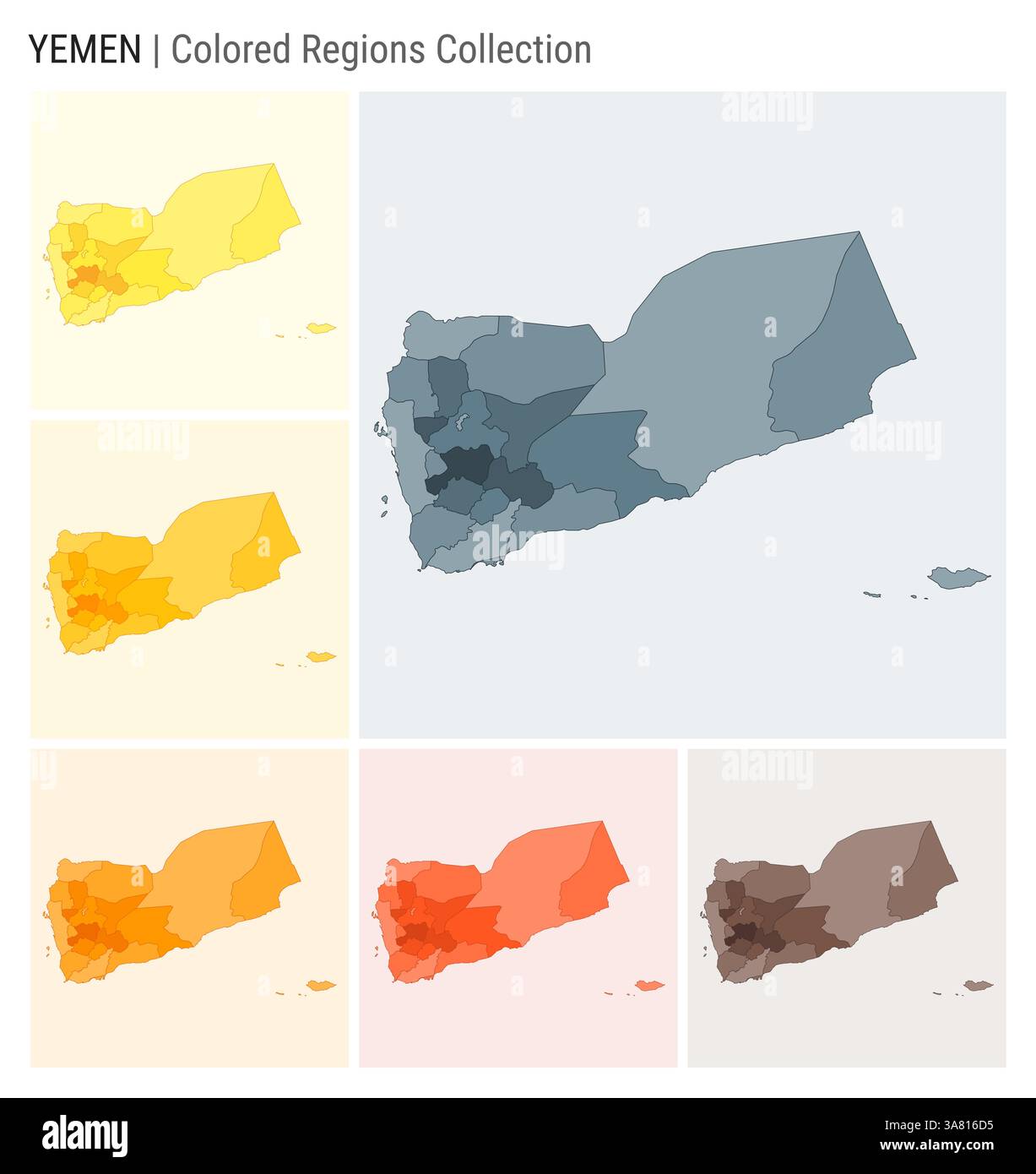 Yemen map collection. Country shape with colored regions. Blue Grey ...