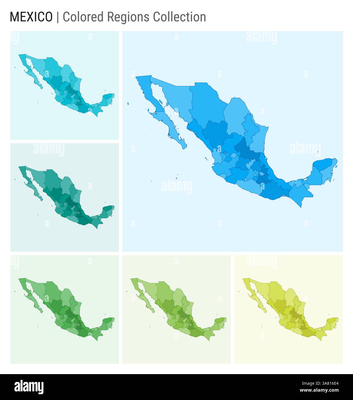 Mexico map collection. Country shape with colored regions. Light Blue ...