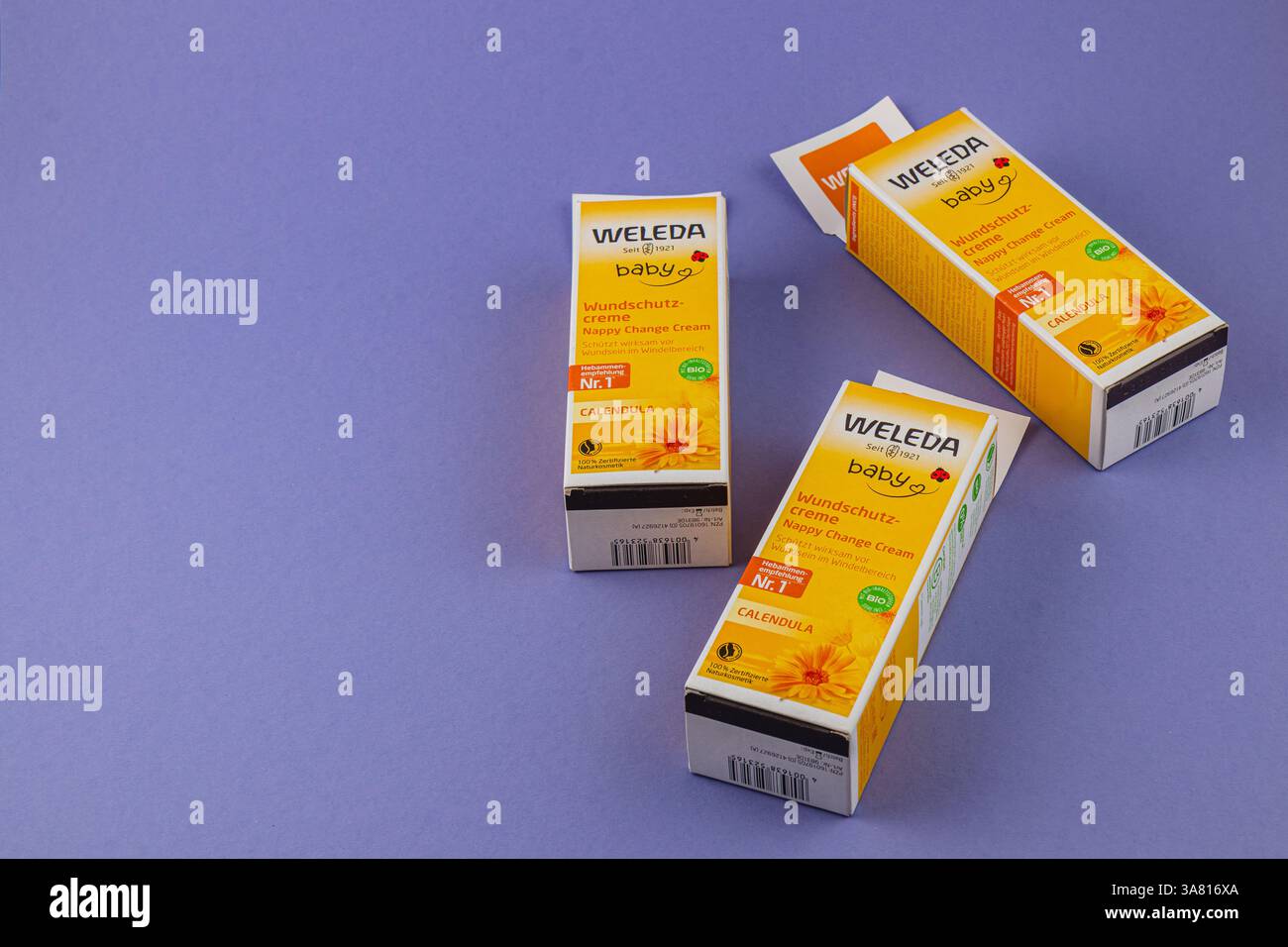 24.03.25 Lviv Ukraine Brightly colored baby nappy cream boxes are ...