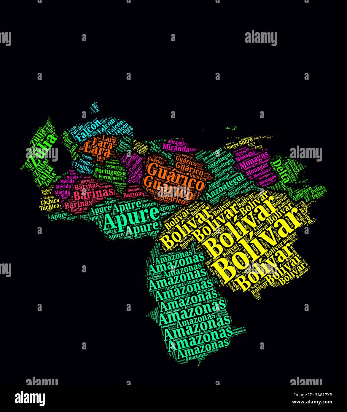 Venezuela Regions Word Clouds. Bright neon style design on dark ...