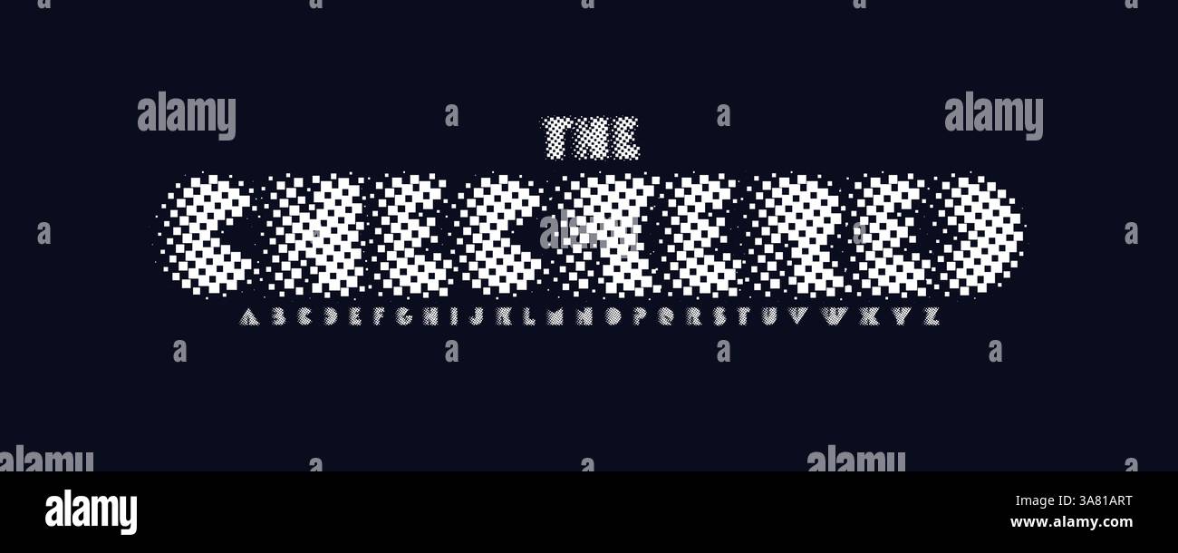 Retro pixelated font, bold checkerboard style letters, experimental ...