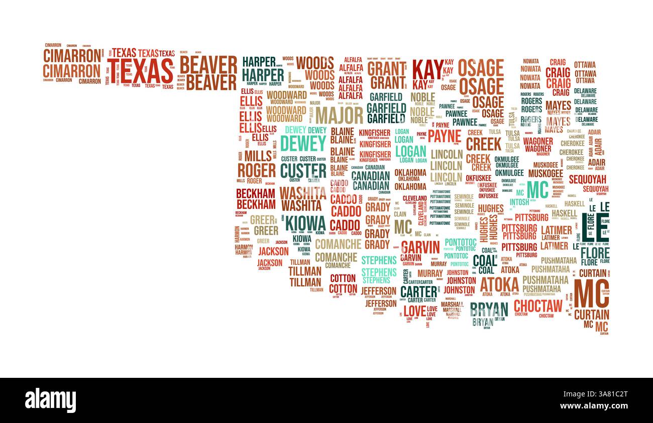 Oklahoma Word Cloud. State shape with county division. Oklahoma ...