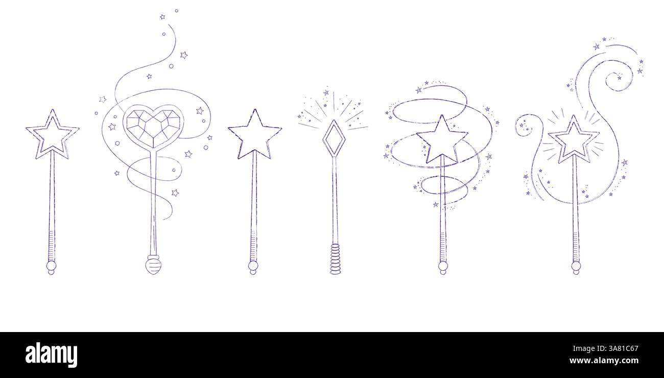 Magic wands doodle set. Fairytale element in sketch style. Hand drawn ...