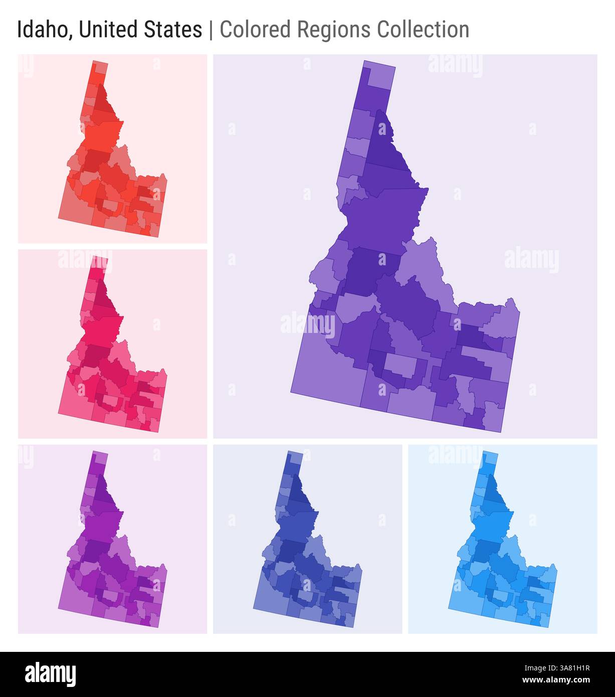 Idaho, United States. Map collection. State shape. Colored counties ...