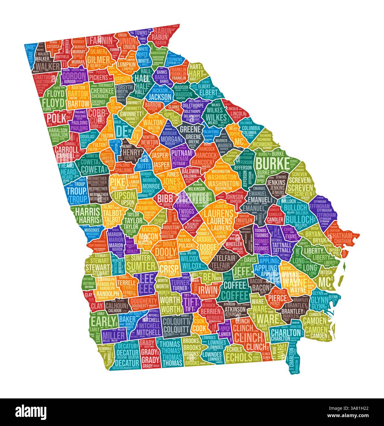 Georgia shape. State word cloud with county division. Georgia colored ...