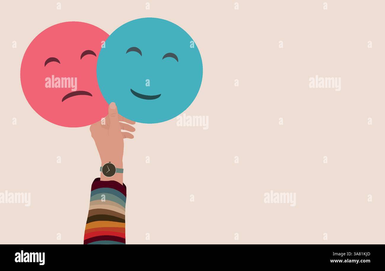 Hand holding 2 double emoji Head one smiling and the other sad.Metaphor ...