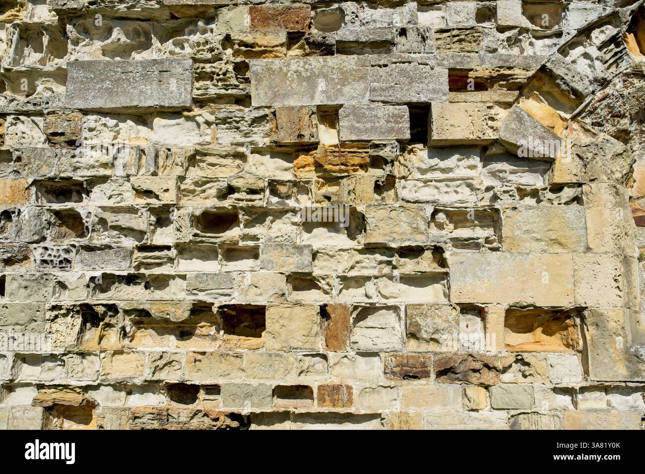 Weathered wall of medieval Camber Castle in Rye a in East Sussex ...