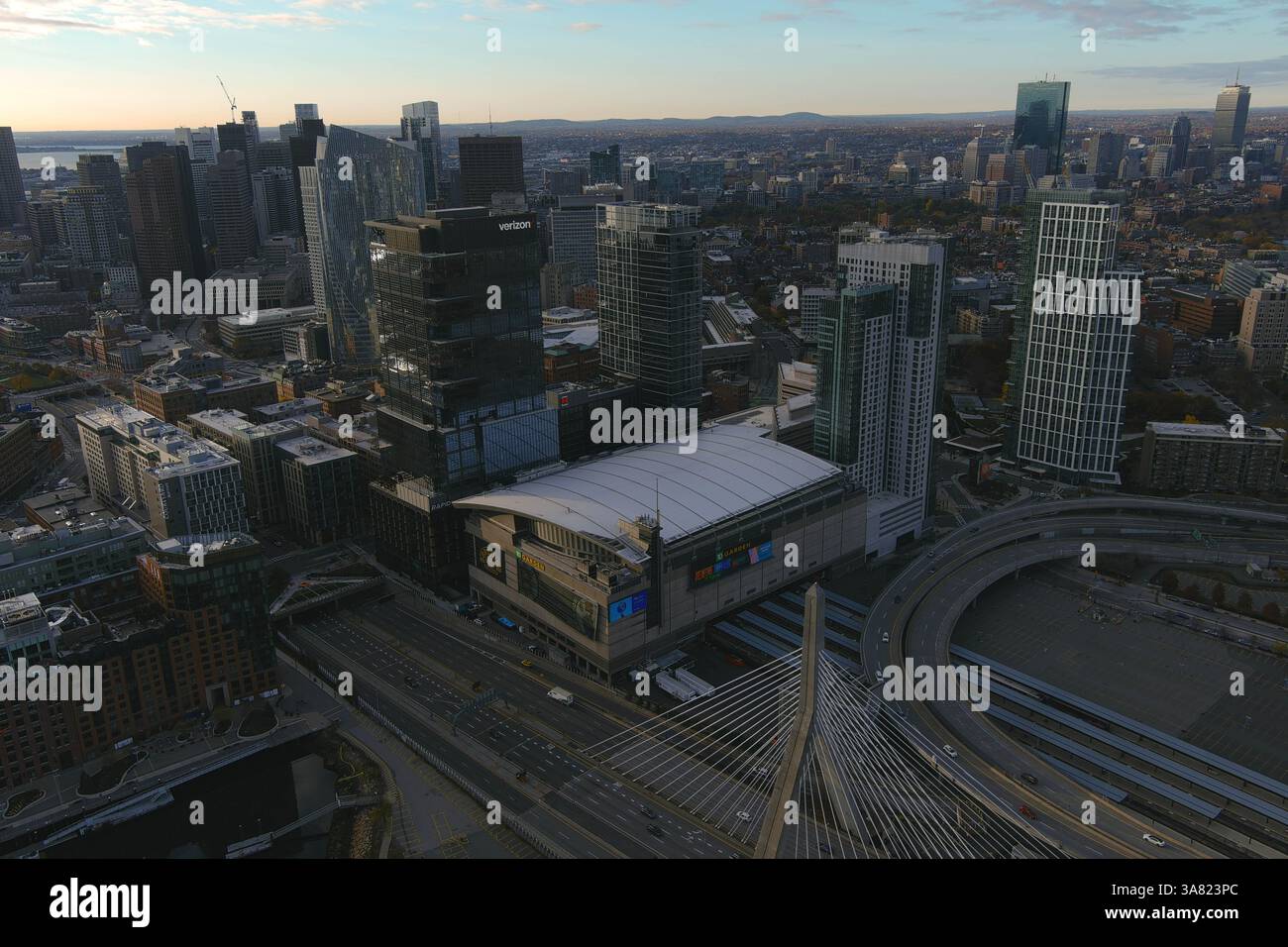 A general overall aerial view of the TD Garden arena and the downtown ...