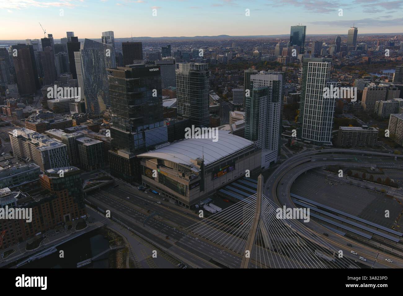 A general overall aerial view of the TD Garden arena and the downtown ...