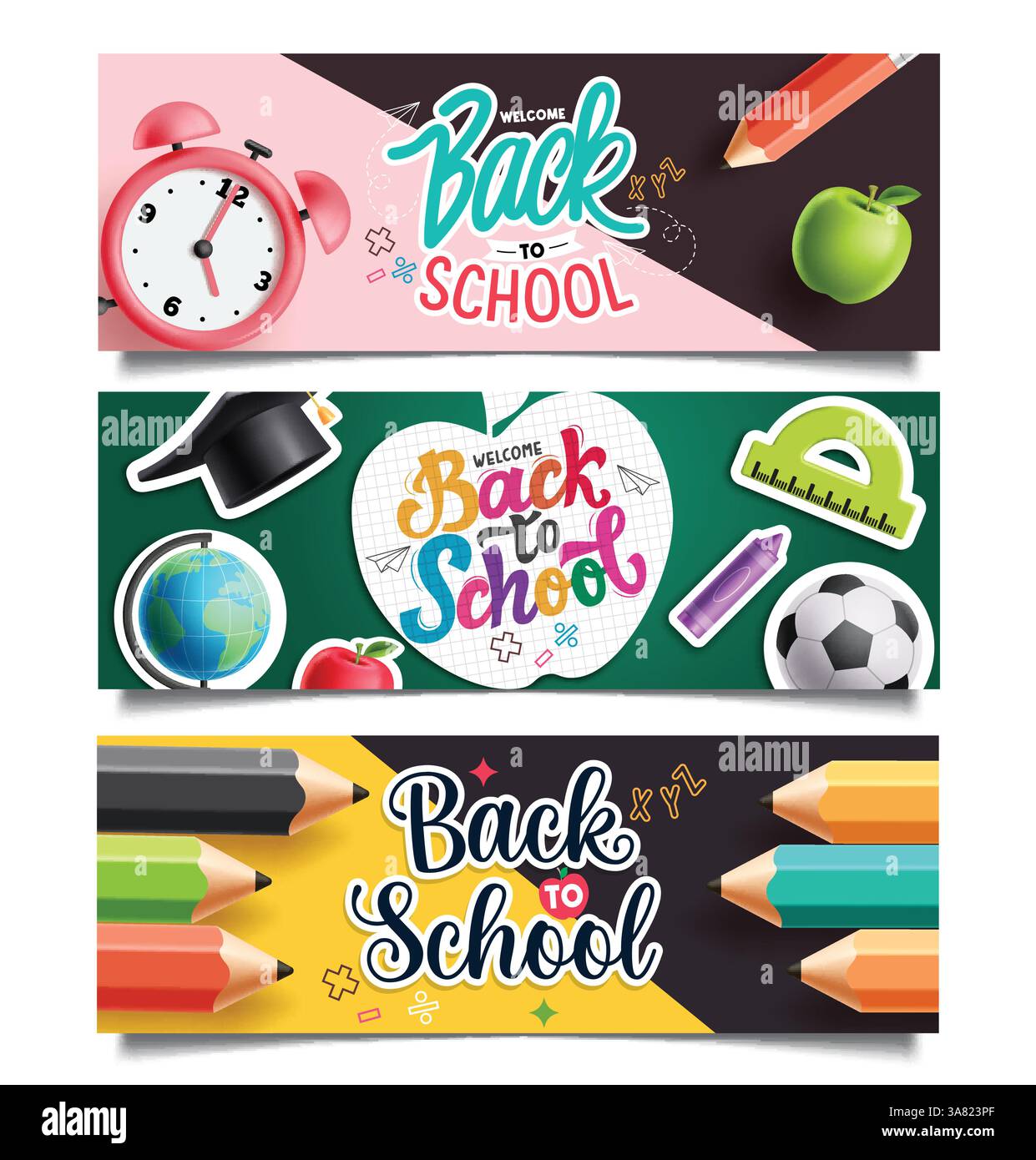 Back to school greeting clipart banner set. School educational poster ...