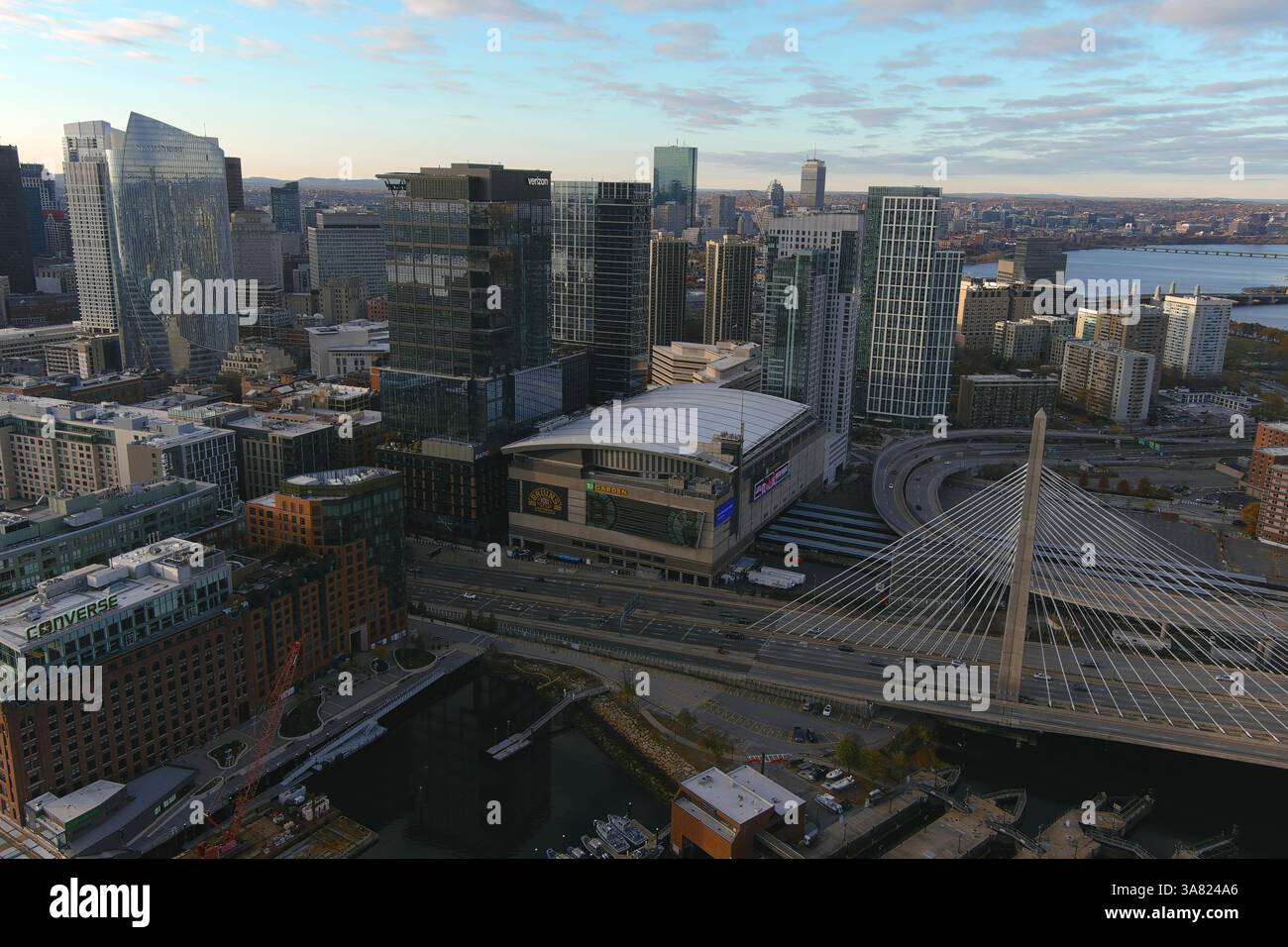 A general overall aerial view of the TD Garden arena and the downtown ...
