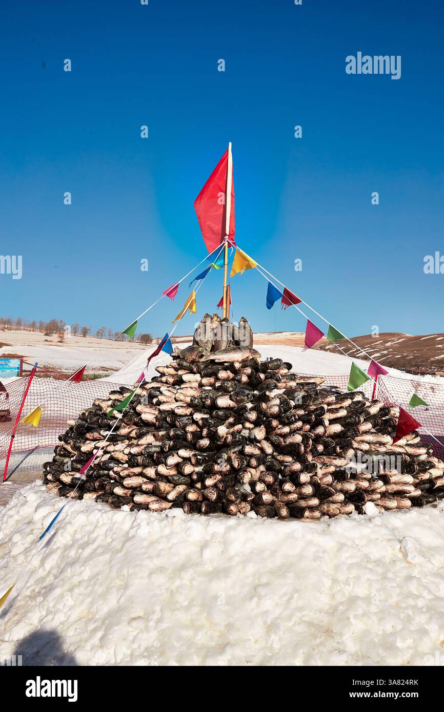 Pyramid of Fish on Snow with Colorful Flags Stock Photo - Alamy