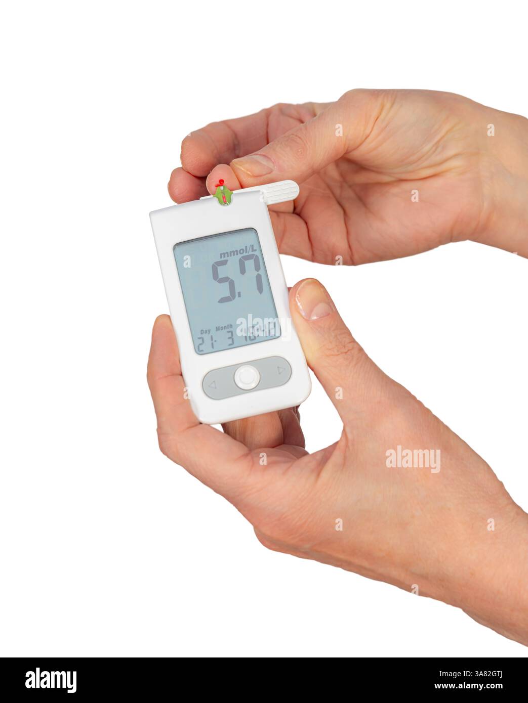 Person holds a blood glucose meter displaying a reading, ensuring ...