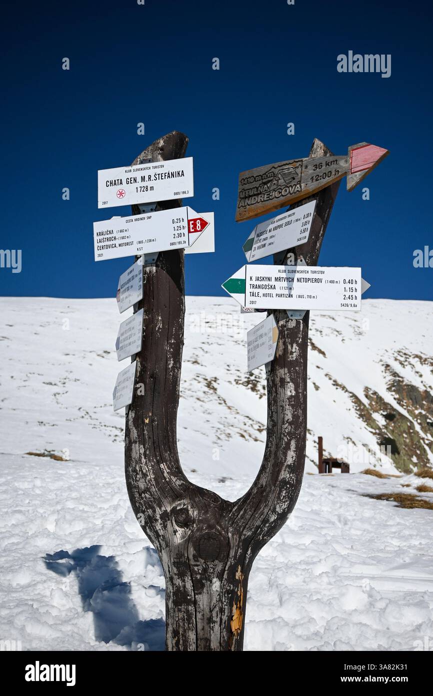 Wooden signpost showing directions and distances to different ...