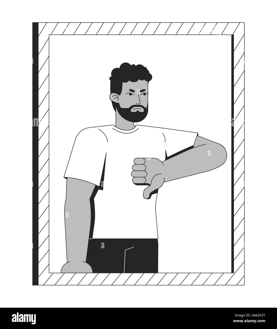 Angry black man in mirror giving thumb down disapproval 2D line ...